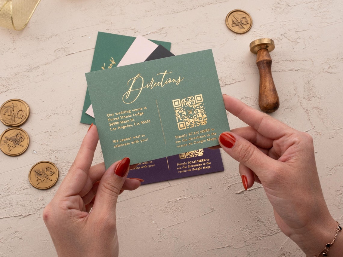 Wedding Directions Card QR Code — Gold Foil Map Insert for Invitations ...