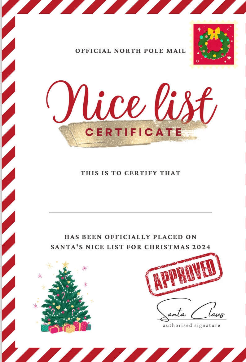 Christmas Santas Nice List Certificate Digital Printable Download A4 - Etsy