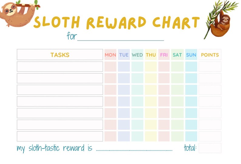Sloth Reward Chart Digital Printable Download A4 - Etsy