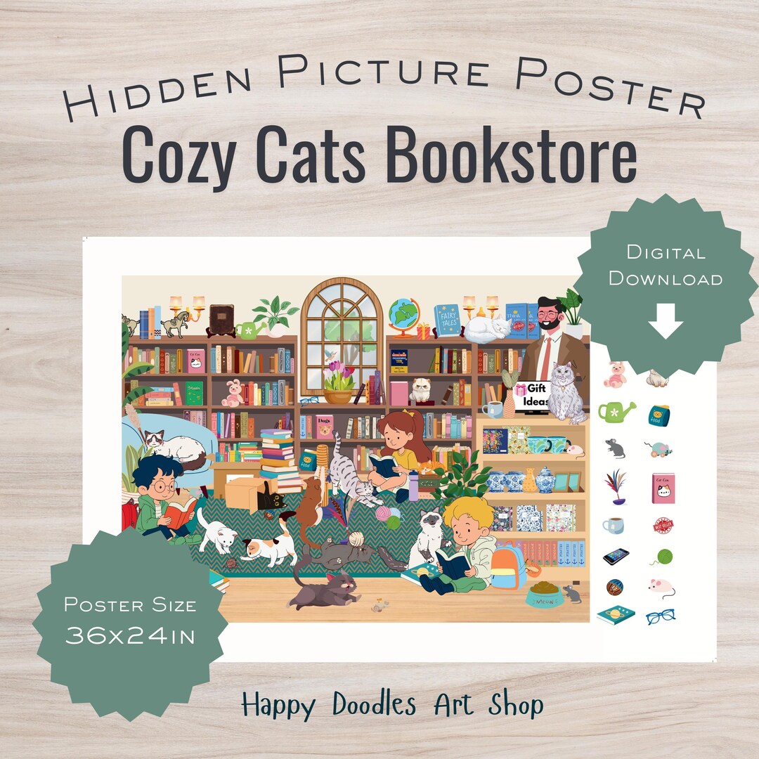 Hidden Picture Poster: Cozy Cats Bookstore (36x24") Printable Seek and ...