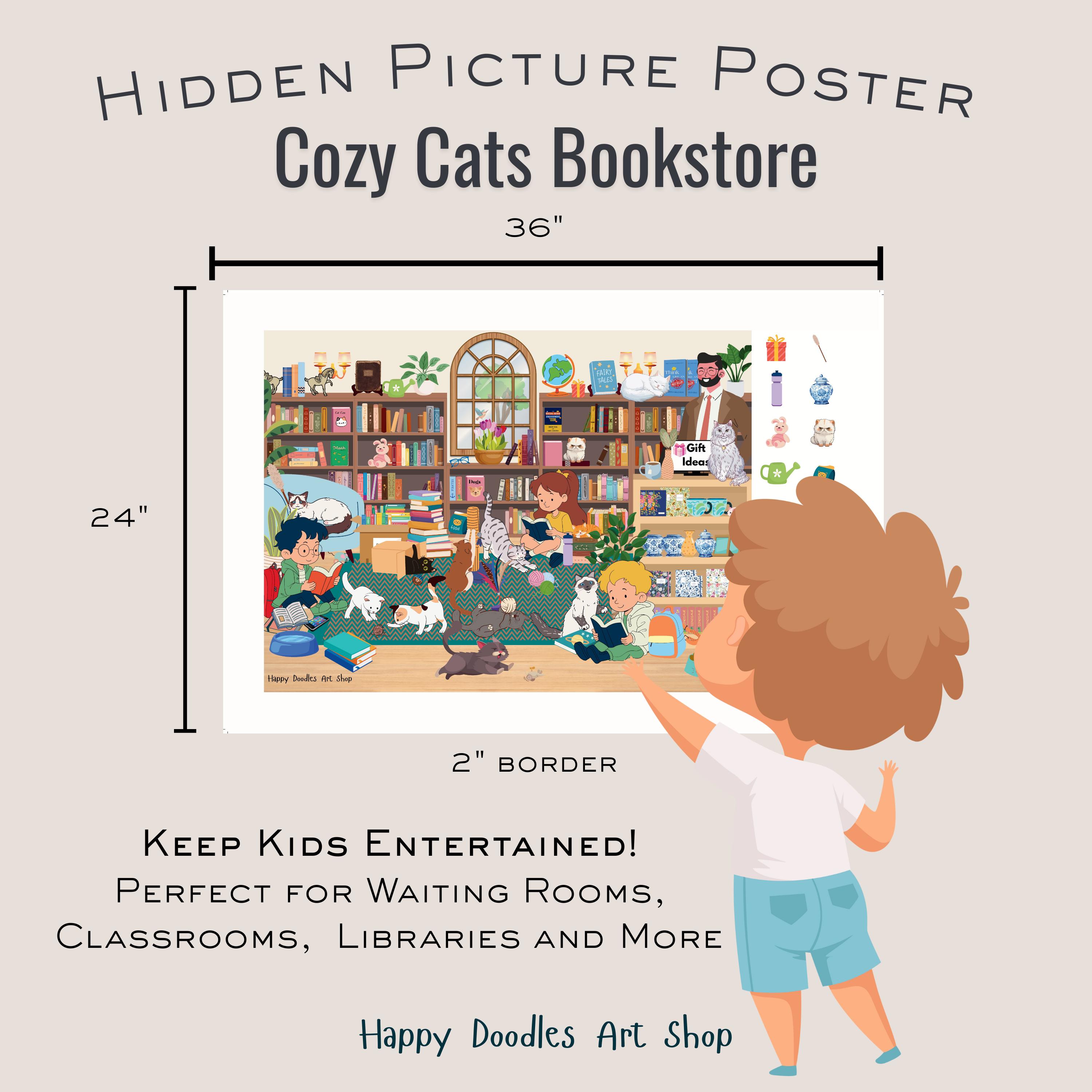 Hidden Picture Poster: Cozy Cats Bookstore (36x24") Printable Seek and ...