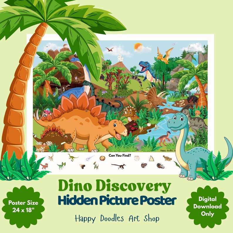 Dinosaur Hidden Picture Poster: I Spy Type Wall Decor for Kids ...