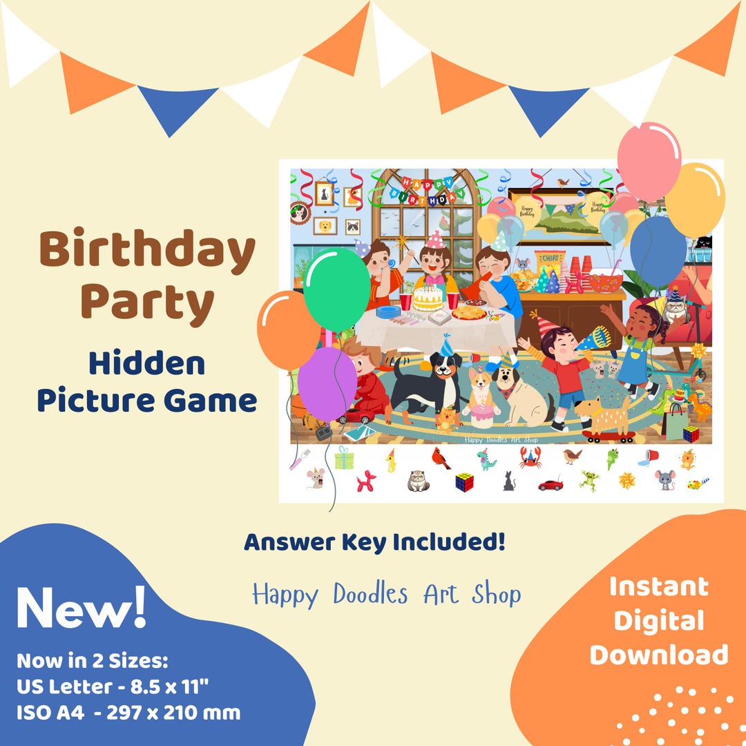 Birthday Party Hidden Picture Game: Search and Find Activity (printable ...