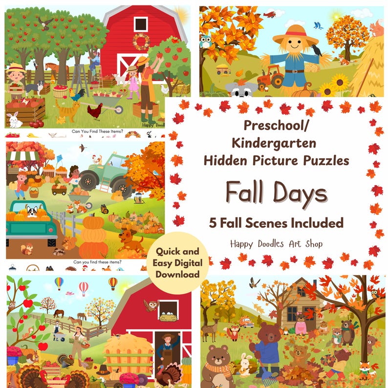 Preschool, Kindergarten Hidden Picture Puzzles - 5 Scenes - Fall Days ...
