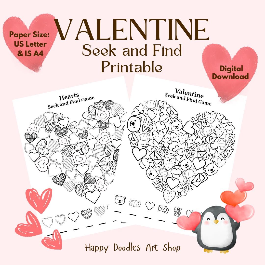Valentine Seek and Find Puzzles | Heart-shaped Color & Count Activity ...
