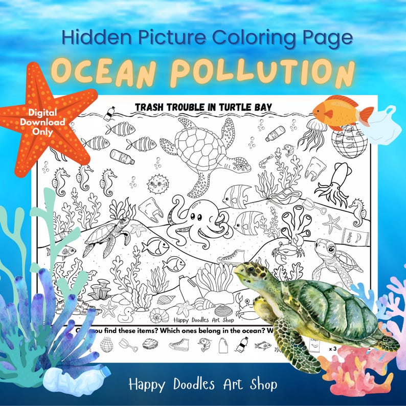 Ocean Pollution Hidden Picture Coloring Page: Sea Life Seek & Find ...