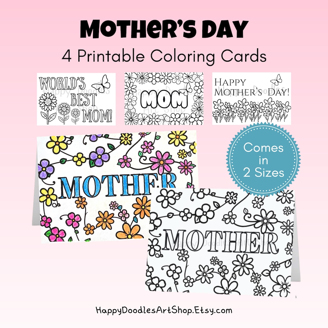 Printable Mother’s Day Coloring Cards Set – Kids DIY Mom Card, 4 ...