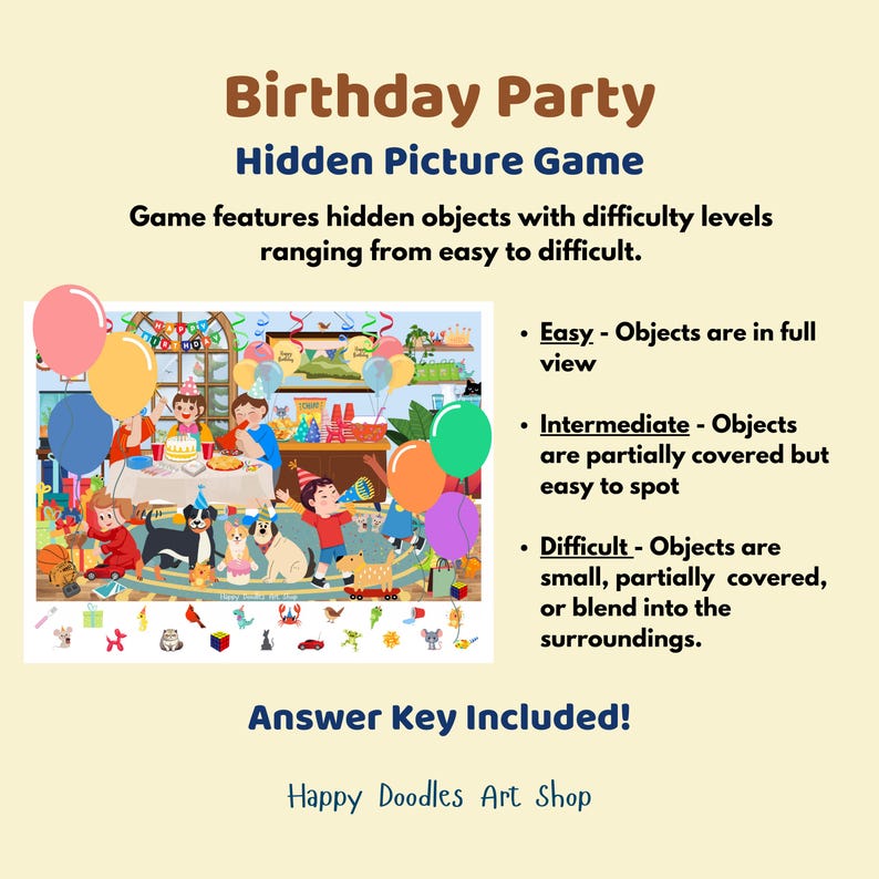 Birthday Party Hidden Picture Game: Search and Find Activity (printable ...