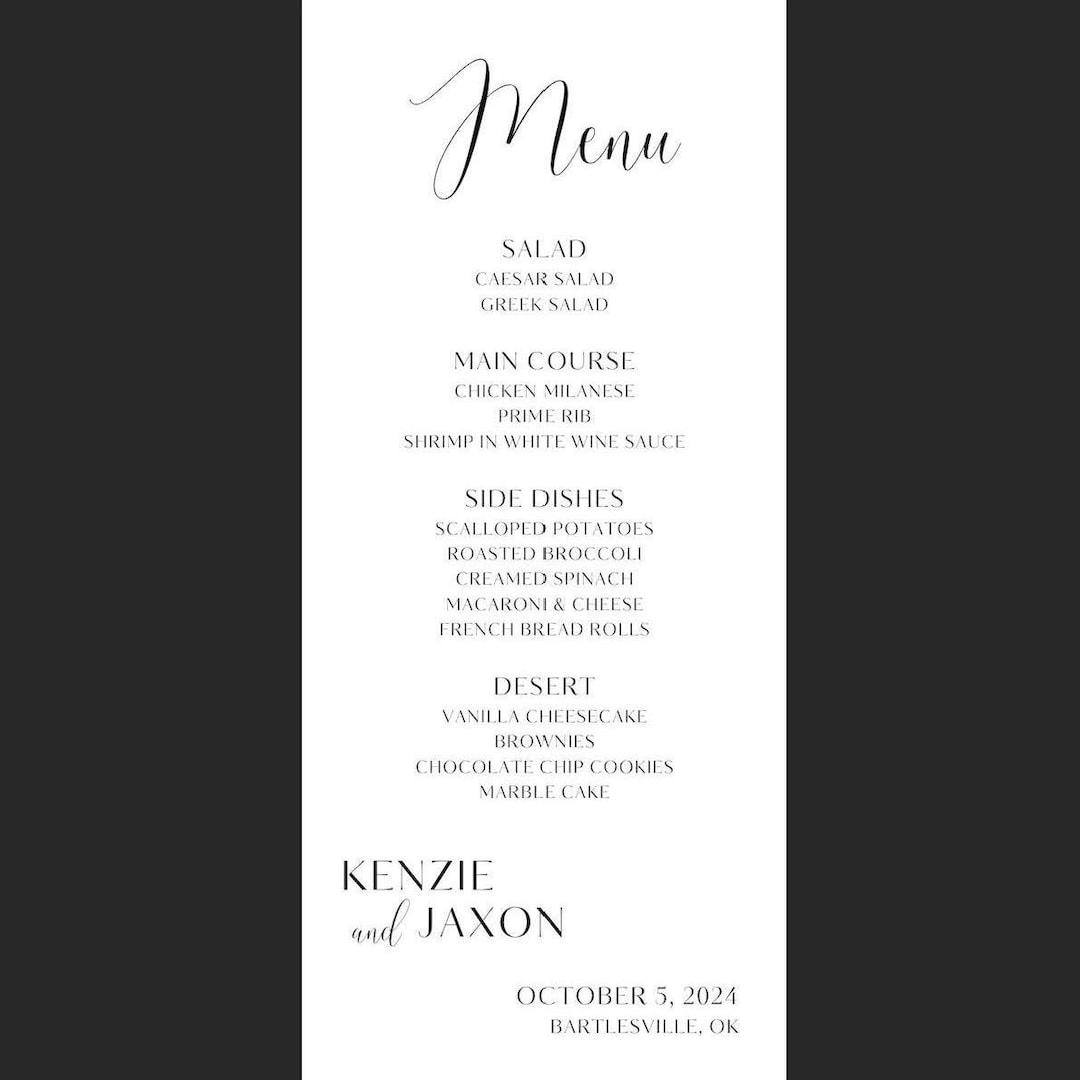 Elegant Wedding Menu Template | Customizable 4x9 Design | Printable ...