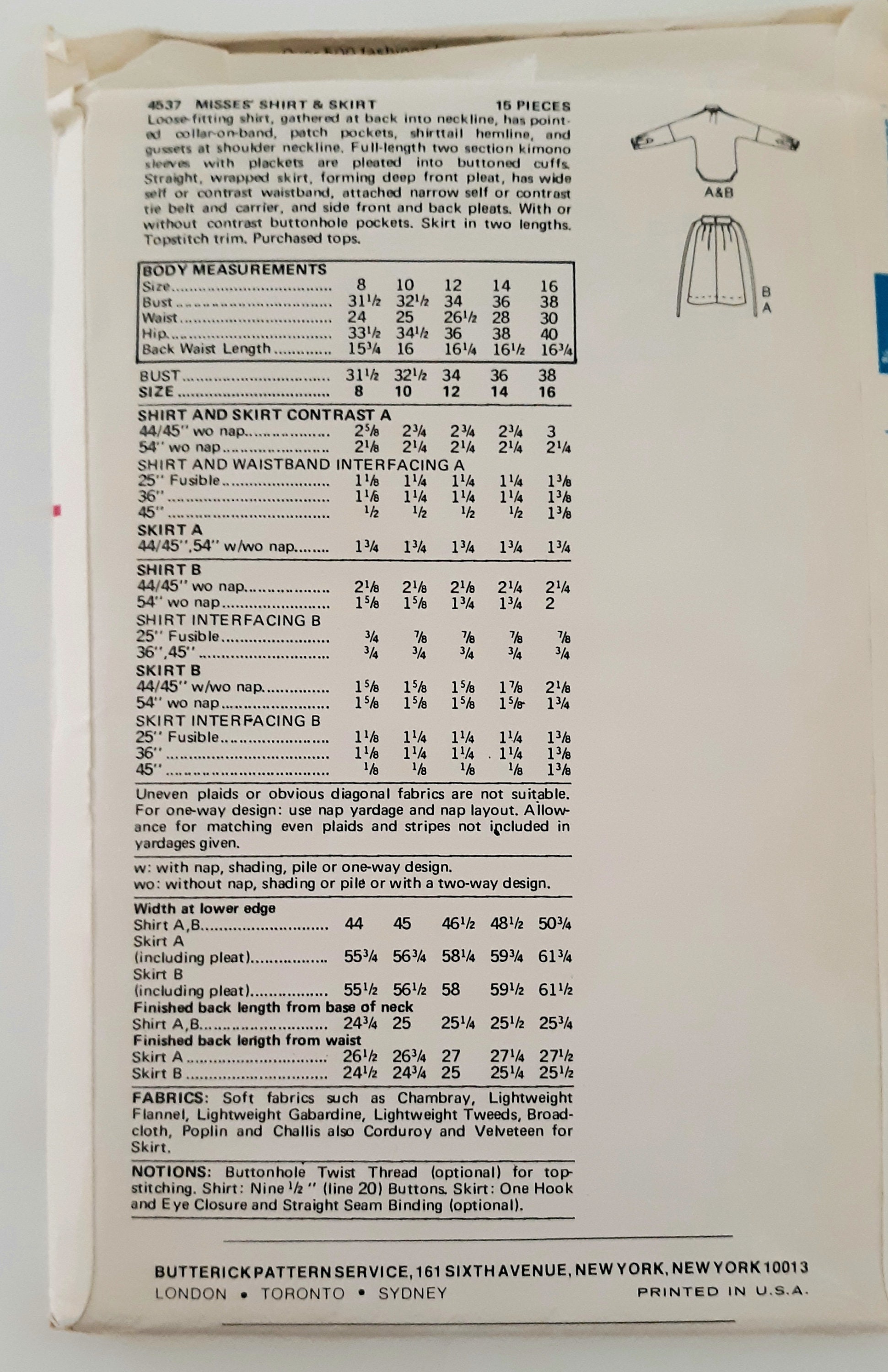 Vintage 70s Butterick 4537 UNCUT Misses Kimono Sleeve Shirt and ...