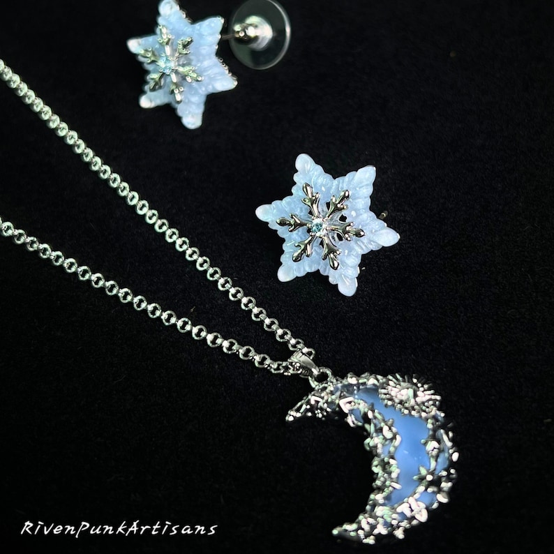 Gothic Crescent Moon Necklace, Blue Frosty Pendant, Fantasy Fairycore ...
