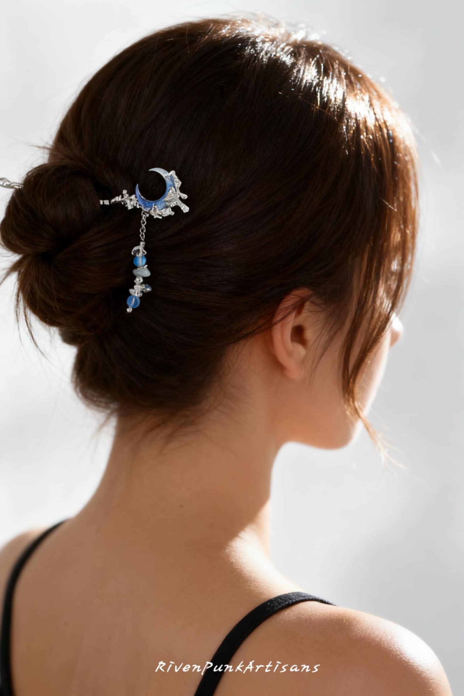 Gothic Moon Hair Pin: Dark Thorn Blue Crescent Hair Stick, Crystal Bead ...