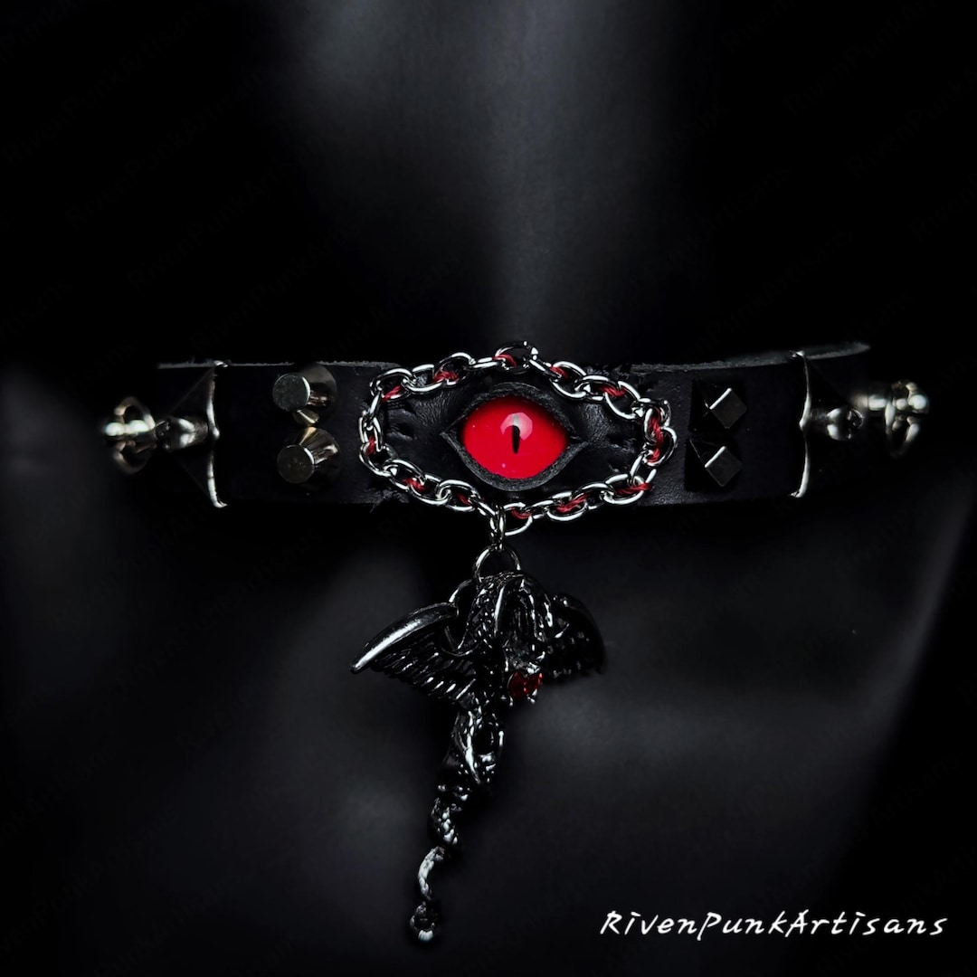 Adjustable Punk Black Leather Choker With Red Dragon Eye, Dark Dragon ...