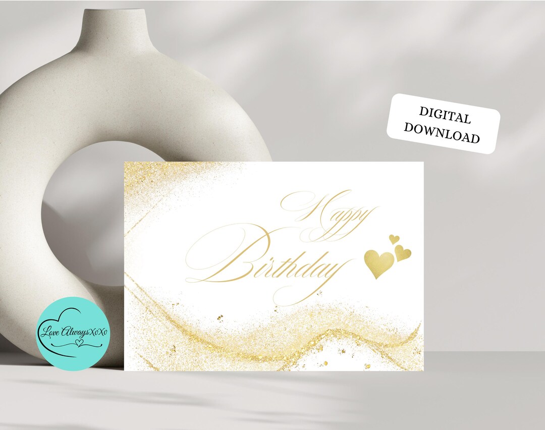 Printable Birthday Card, Gold Glitter Hearts, Digital Download ...