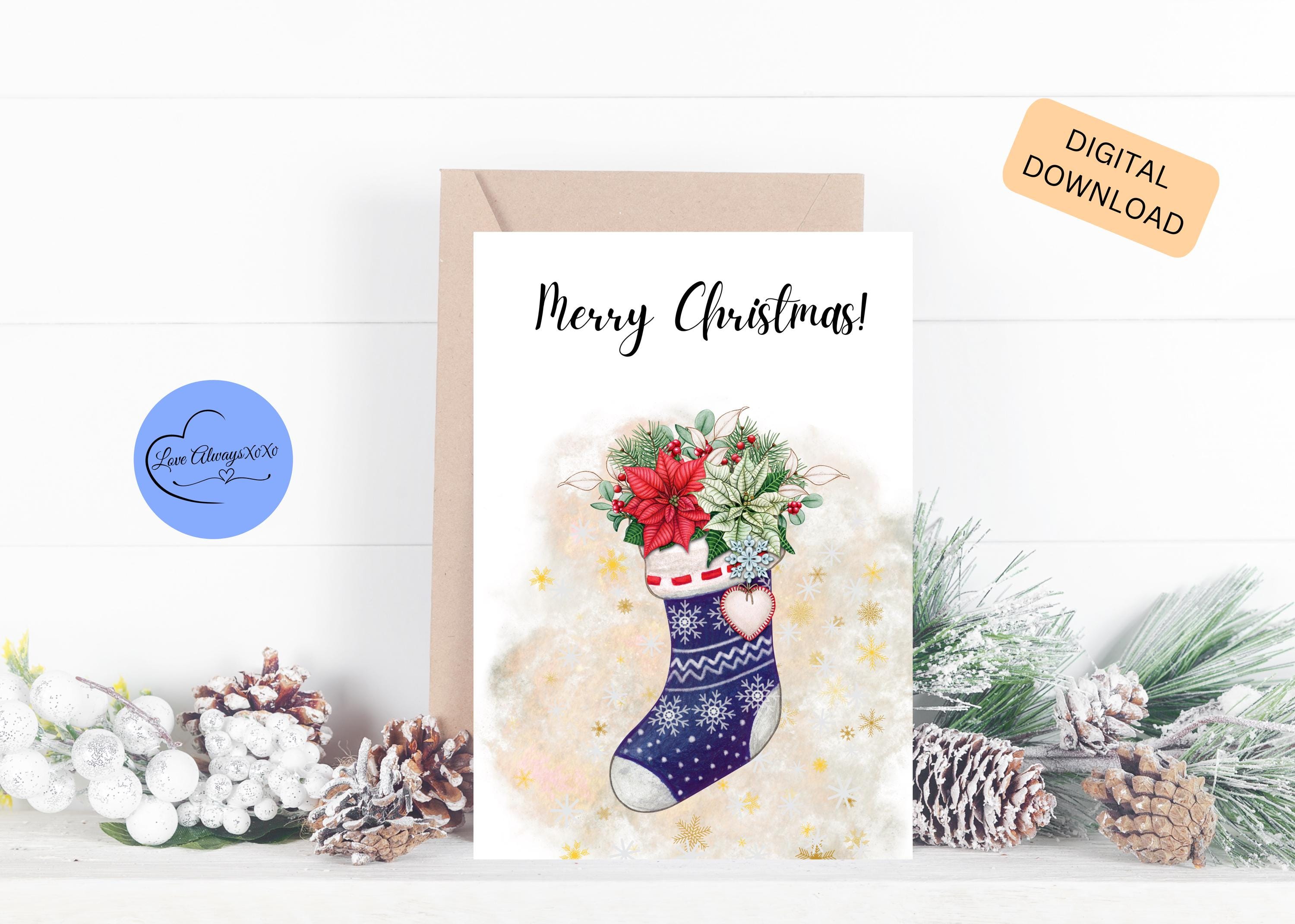 Blue Christmas Stocking Card: Printable Holiday Greeting (digital ...