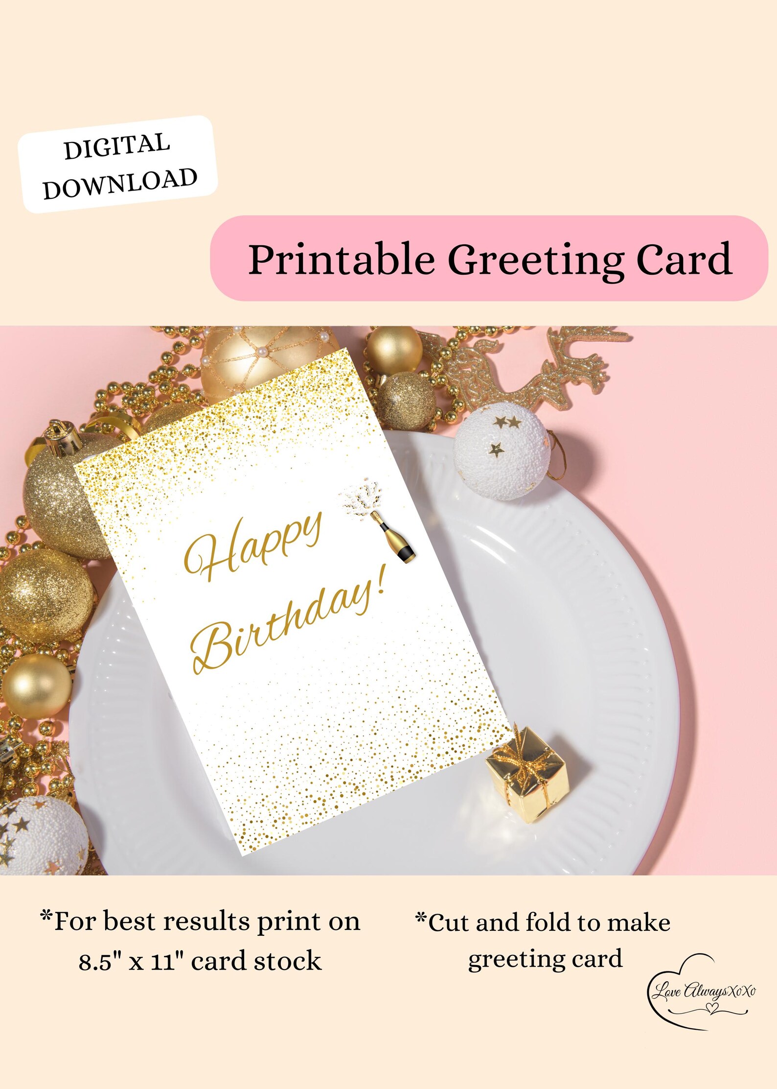 Gold Glitter Birthday Card: Printable Greeting Card (digital Download ...