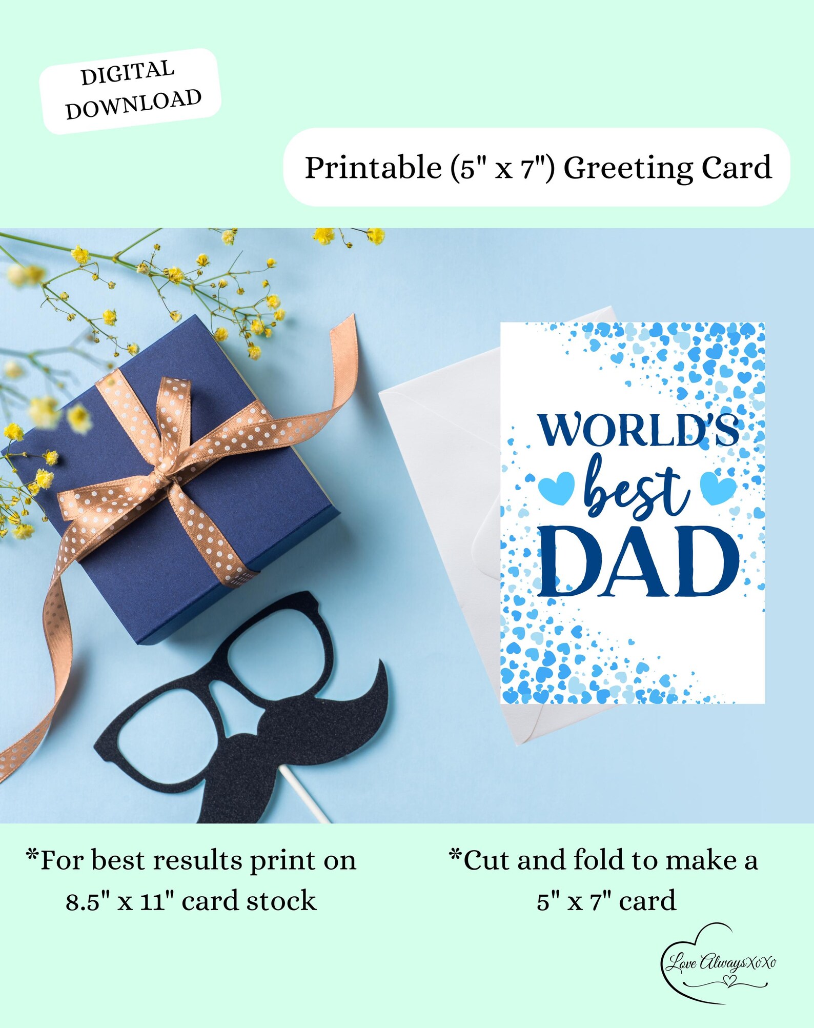 Printable Father's Day Card, Worlds Best Dad, Hearts, Digital Download ...