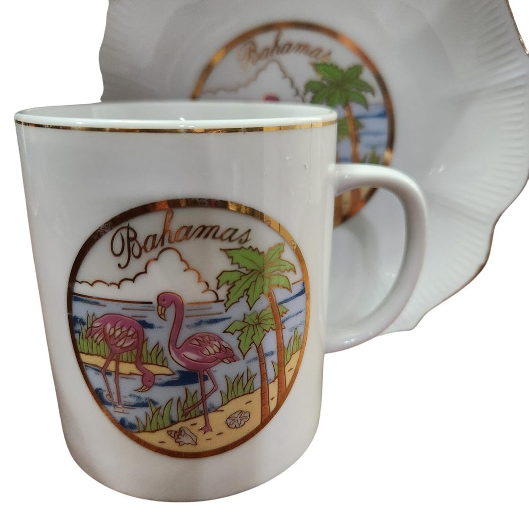 Vintage Bahamas Flamingo Mug & Lotus Plate Mica Chokin Gold Rimmed Made ...