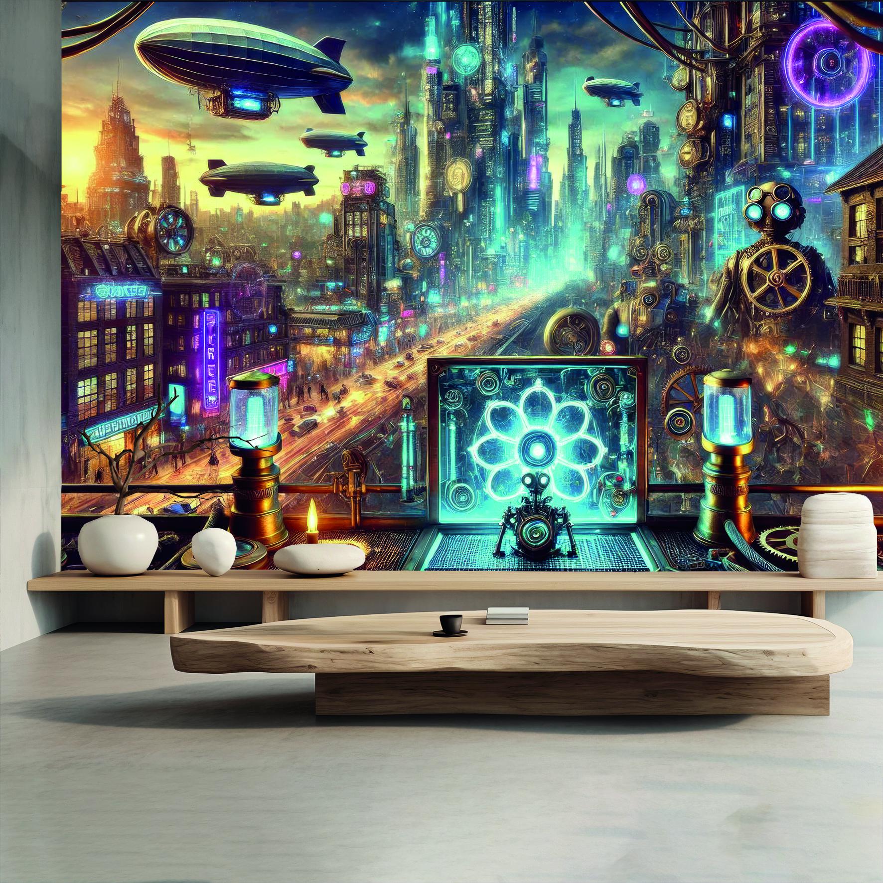 Steampunk Cityscape Peel and Stick Wall Mural Cyberpunk Neon Fantasy ...