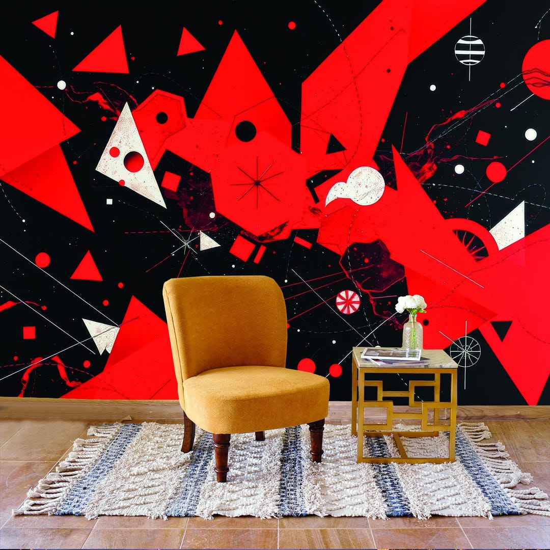 Abstract Geometric Peel and Stick Wall Mural Modern Red and Black ...