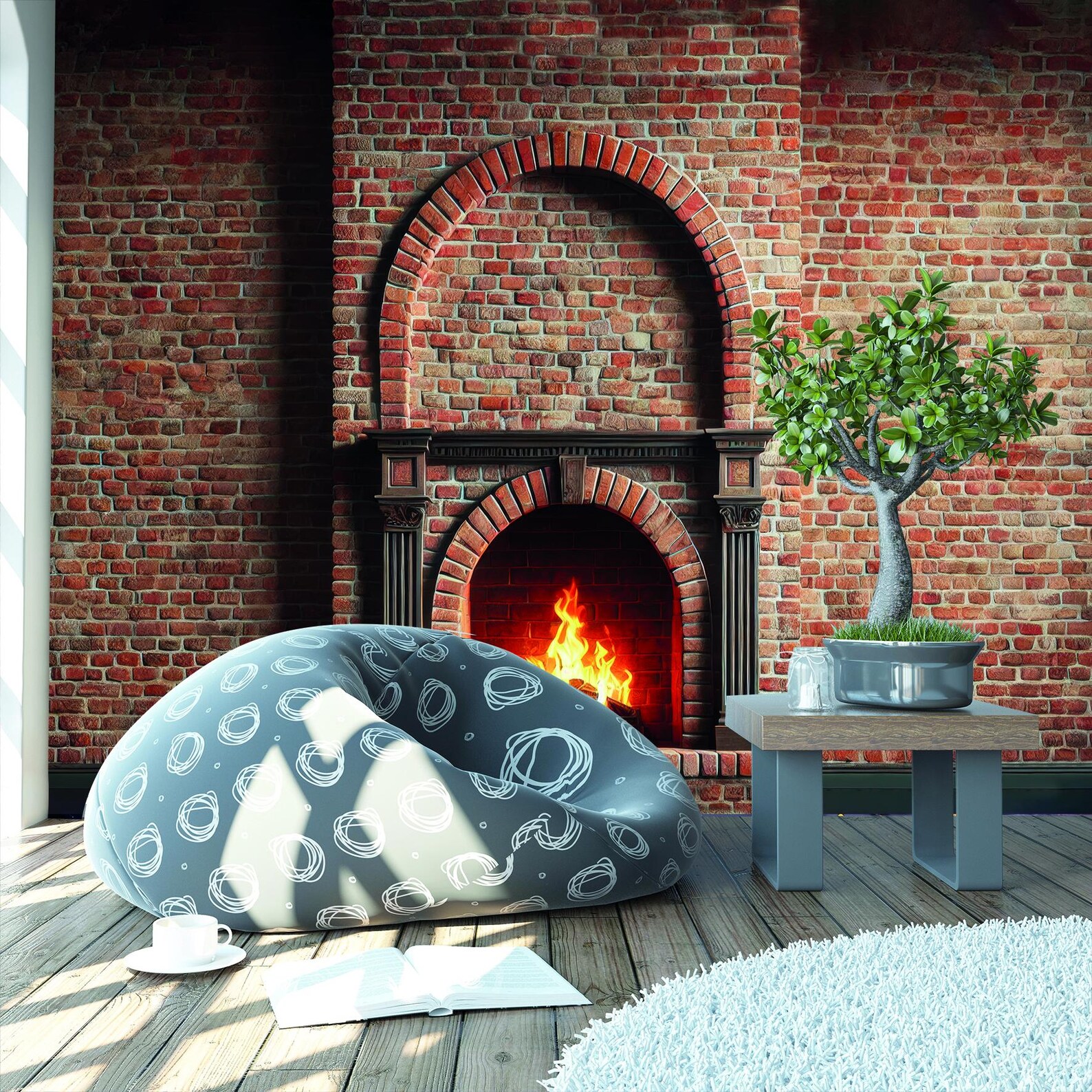Brick Fireplace Wall Mural Cozy Living Room Wallpaper Modern Interior ...