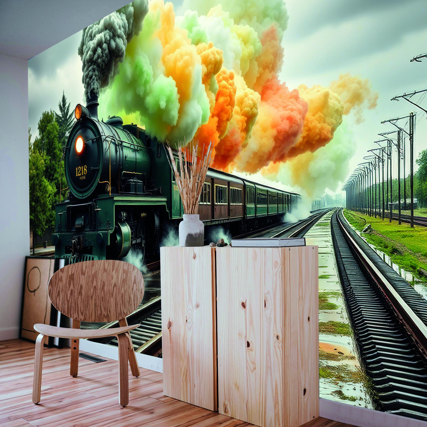 Vintage Steam Train Wallpaper Mural Colorful Locomotive Wall Art ...