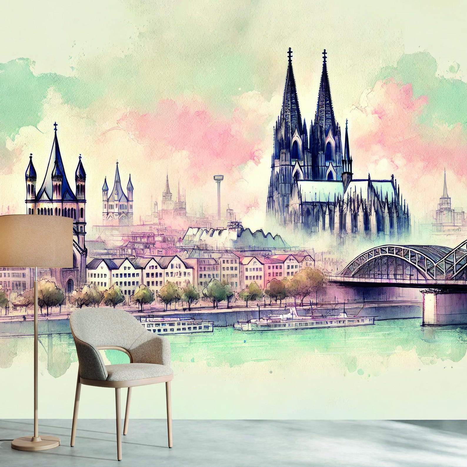 Cologne Cathedral Watercolor Wall Mural European Landmark Wallpaper ...