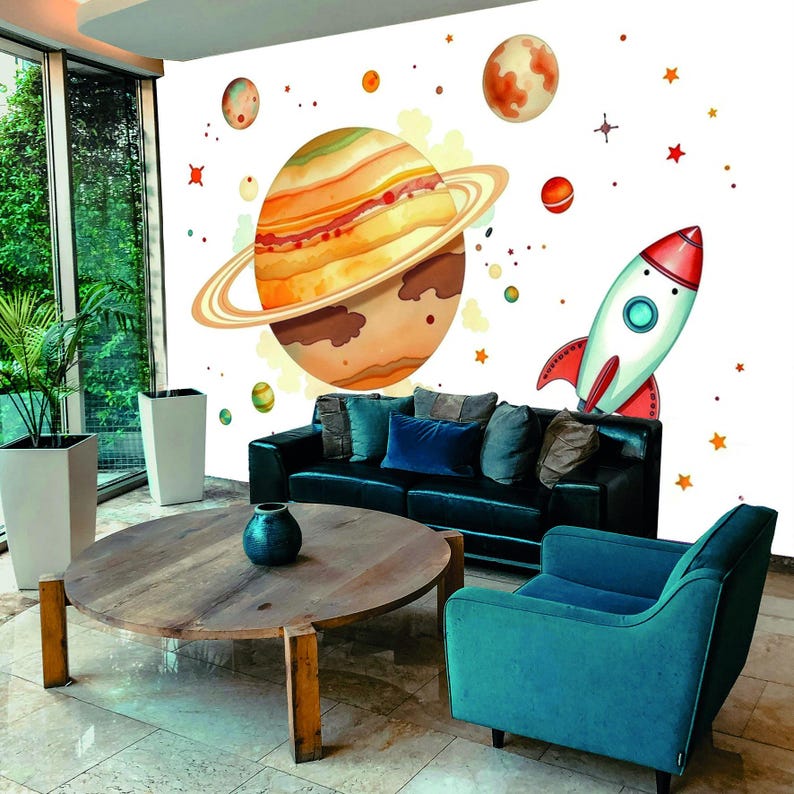 Solar System Wall Decals Planets and Rocket Wall Mural Space Theme ...