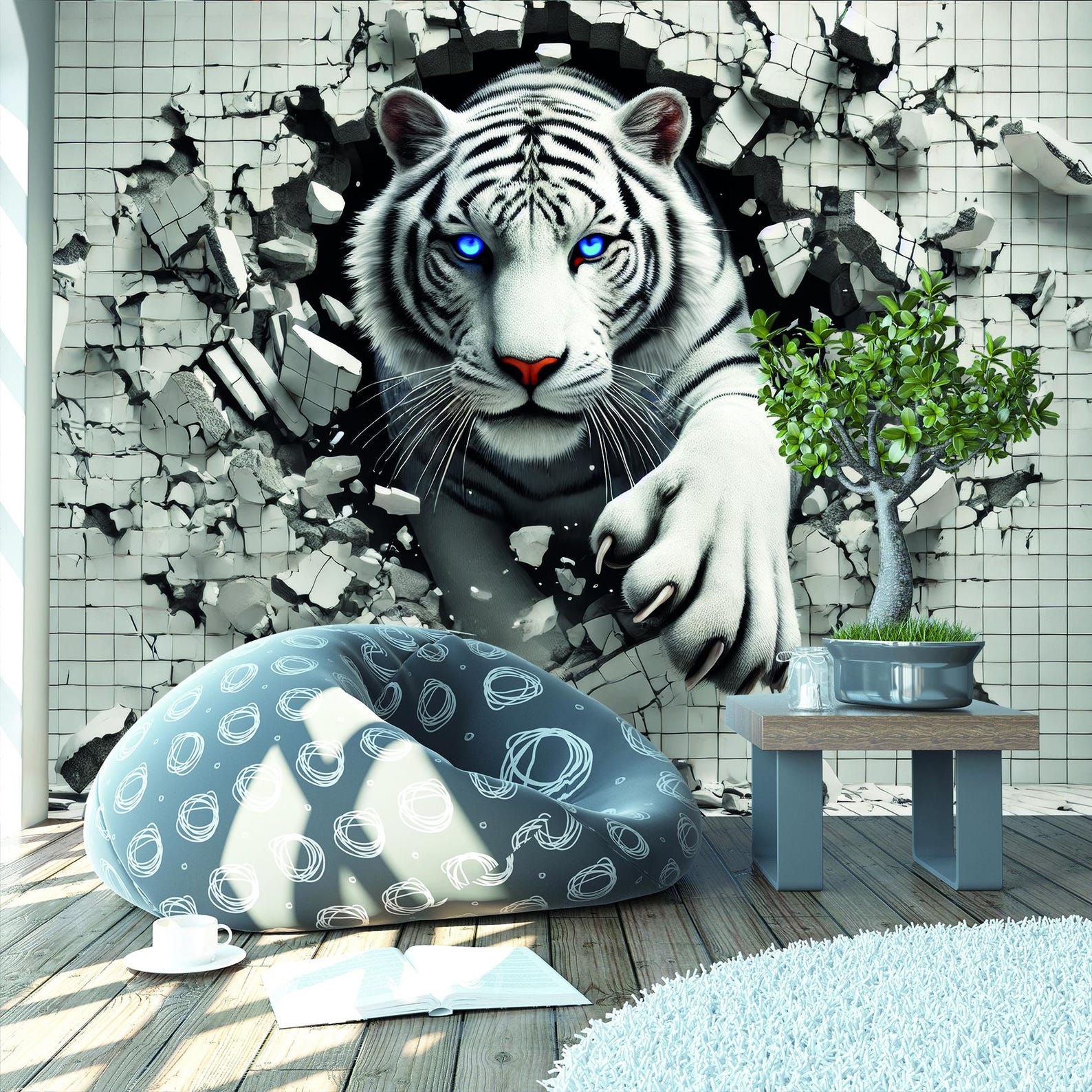3D White Tiger Breakthrough Wall Mural Blue Eyes Tiger Wallpaper Modern ...