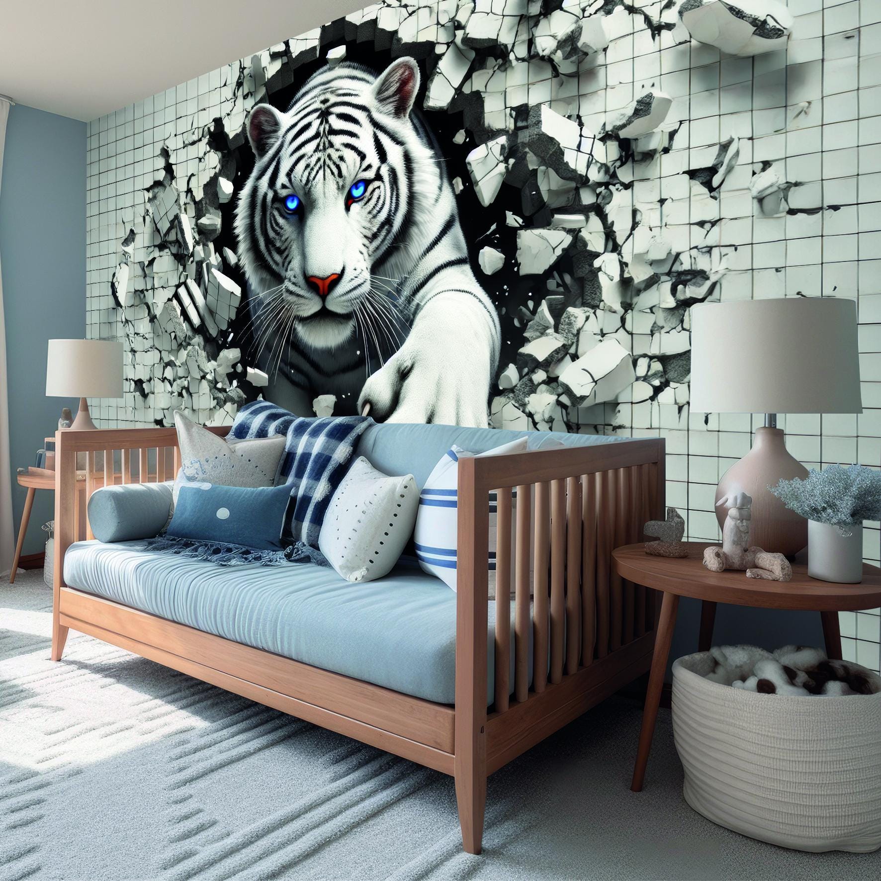 3D White Tiger Breakthrough Wall Mural Blue Eyes Tiger Wallpaper Modern ...
