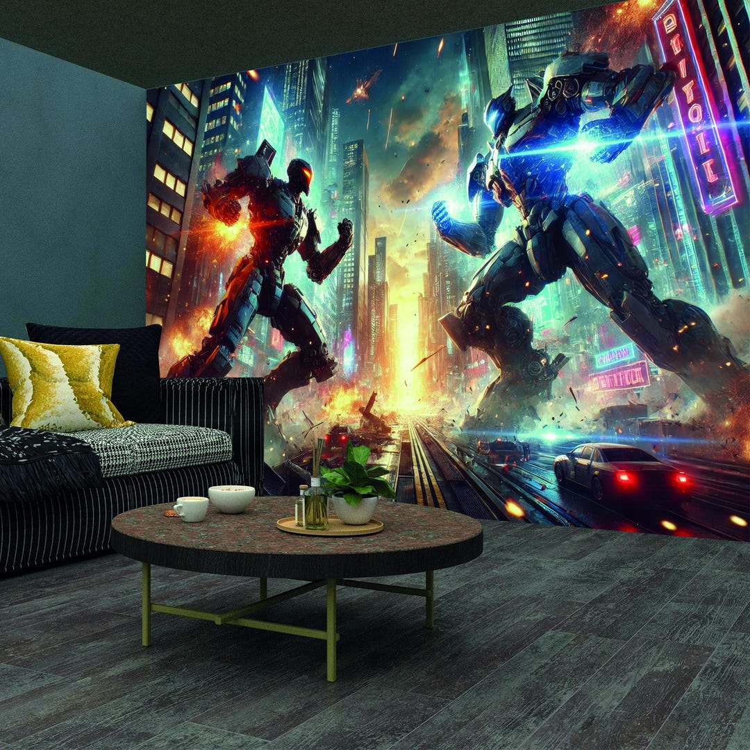 War of Big Robots in City Wallpaper Peel and Stick Teen Game Room ...