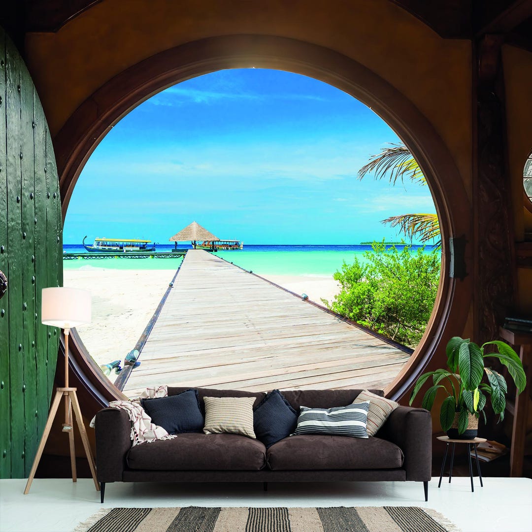 Tropical Paradise Wall Mural Beach Pier View Wallpaper Urban Non Woven ...