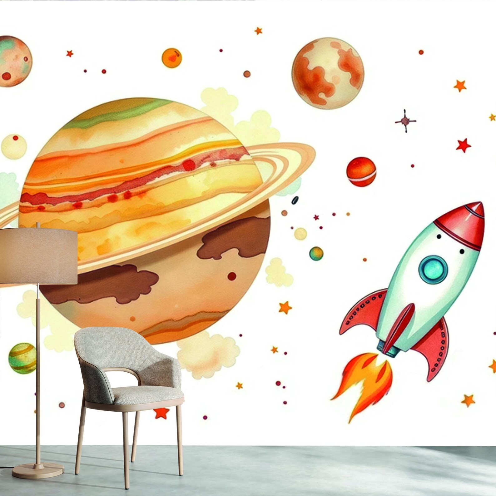 Solar System Wall Decals Planets and Rocket Wall Mural Space Theme ...