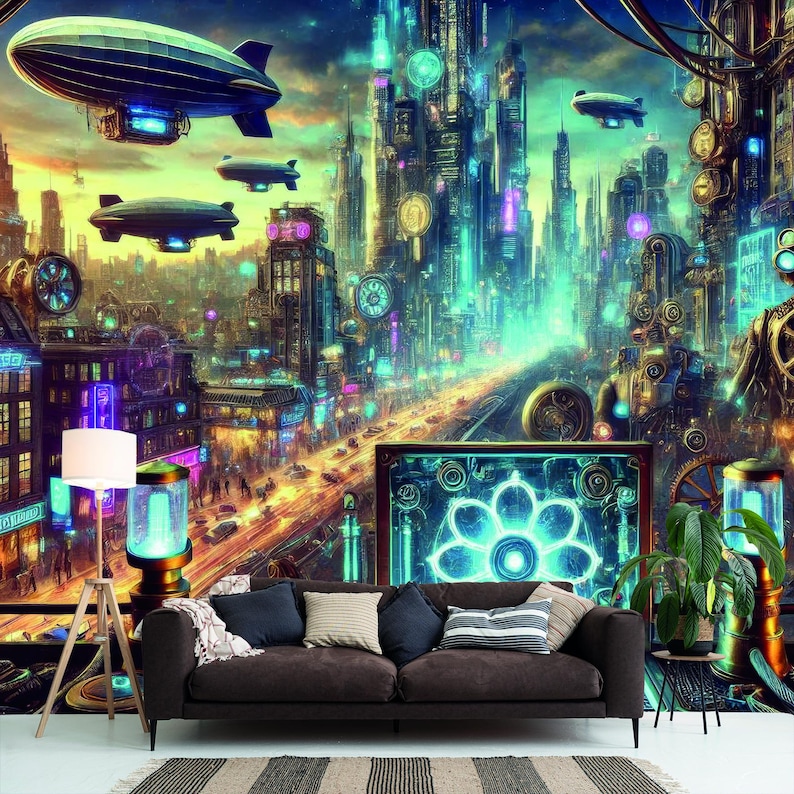 Steampunk Cityscape Peel and Stick Wall Mural Cyberpunk Neon Fantasy ...