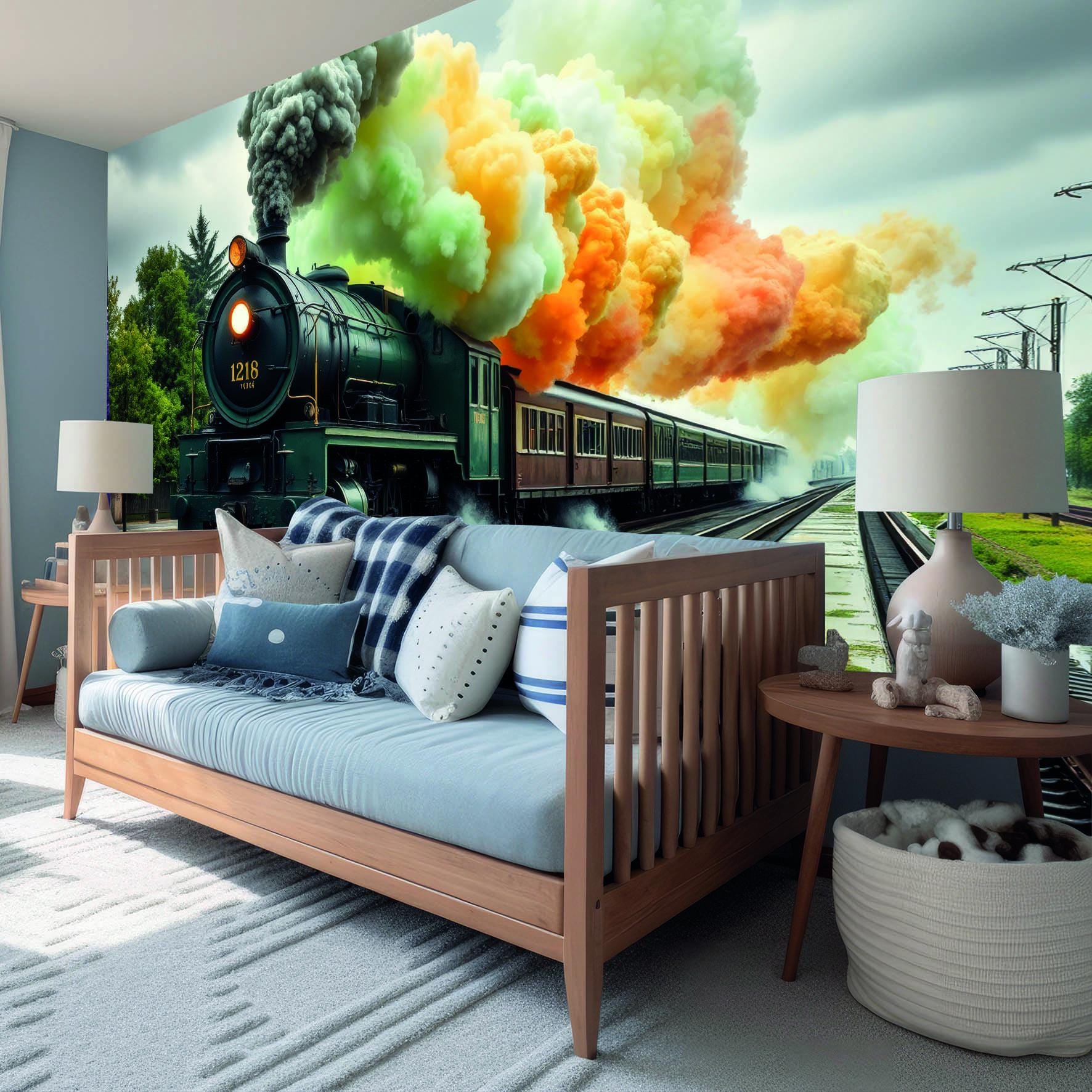 Vintage Steam Train Wallpaper Mural Colorful Locomotive Wall Art ...