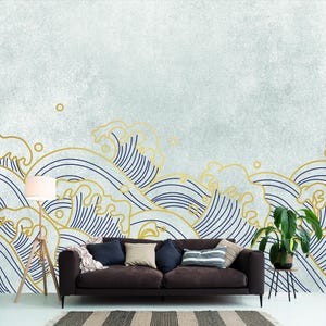 Elegant Wave Pattern Wallpaper Japanese Wave Wall Mural Peel and Stick ...