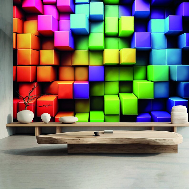 Abstract 3D Cube Wall Art Multicolor Non Woven Wallpaper Trendy Home ...
