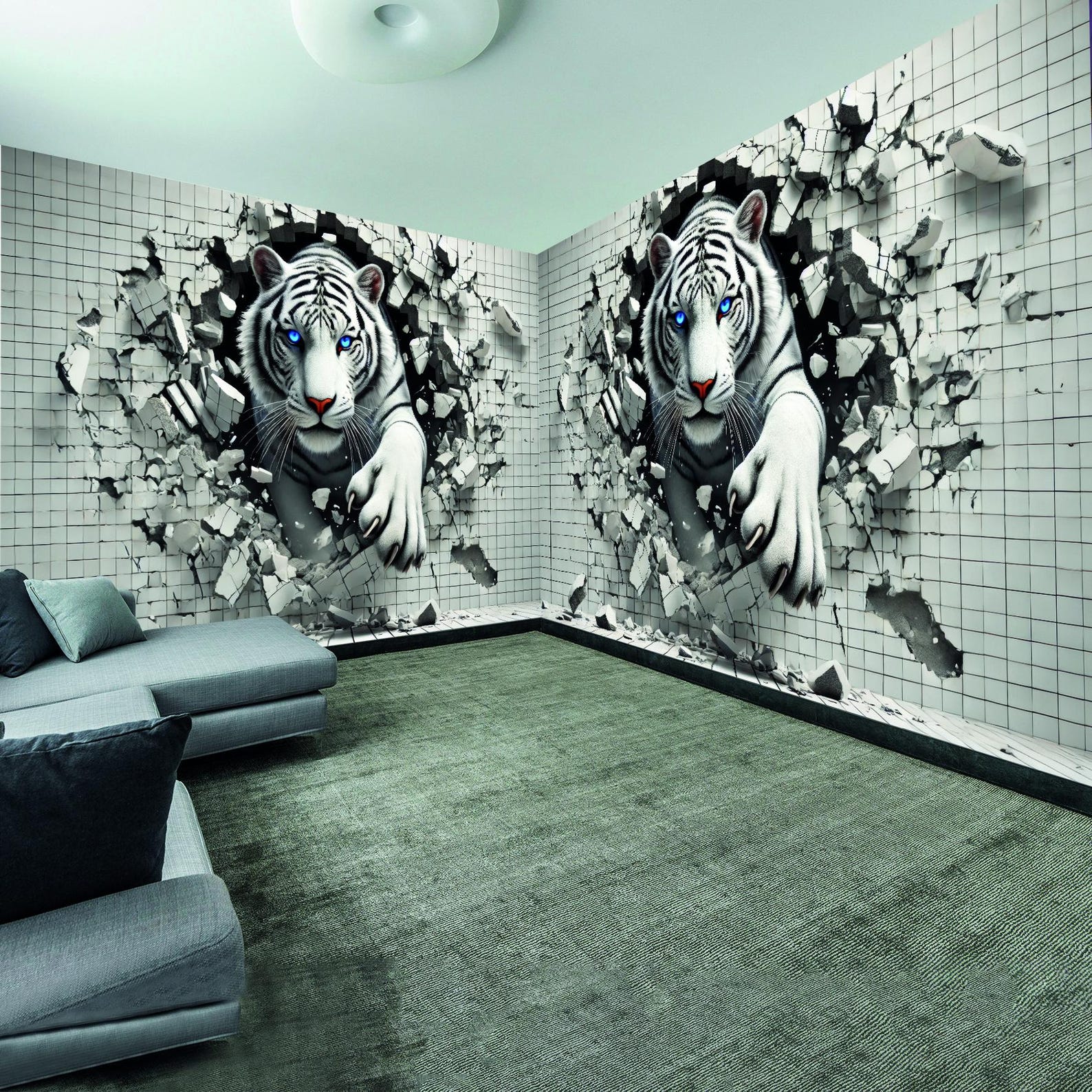 3D White Tiger Breakthrough Wall Mural Blue Eyes Tiger Wallpaper Modern ...
