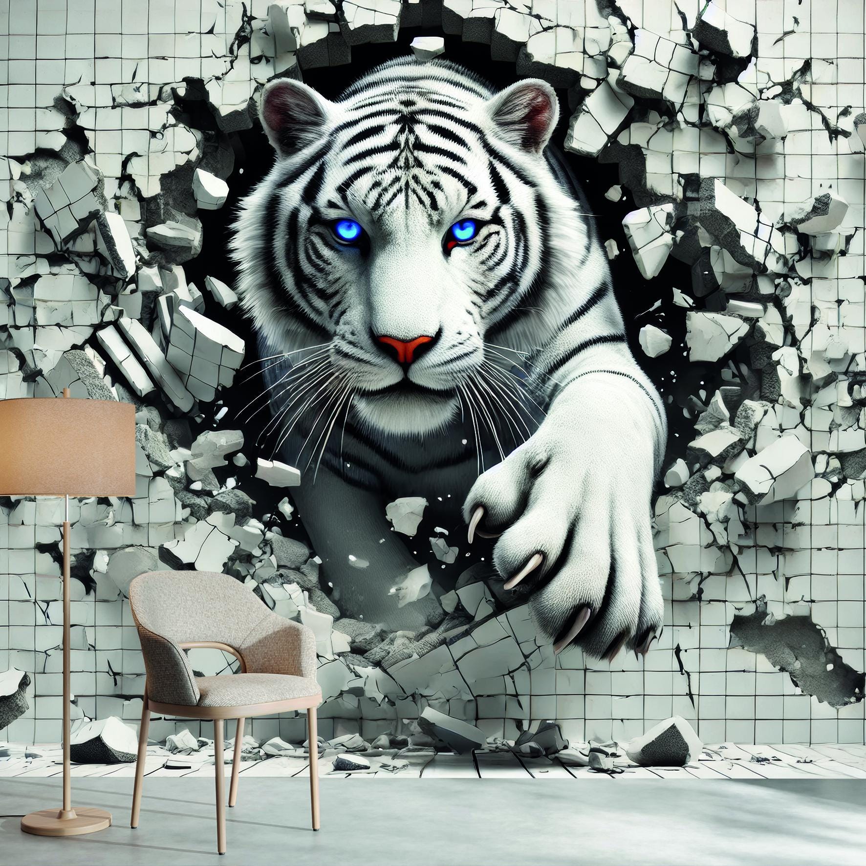 3D White Tiger Breakthrough Wall Mural Blue Eyes Tiger Wallpaper Modern ...