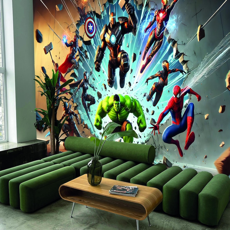 Comic Book Wallpaper Nursery Broken Wall Break Superhero Mural Hero ...