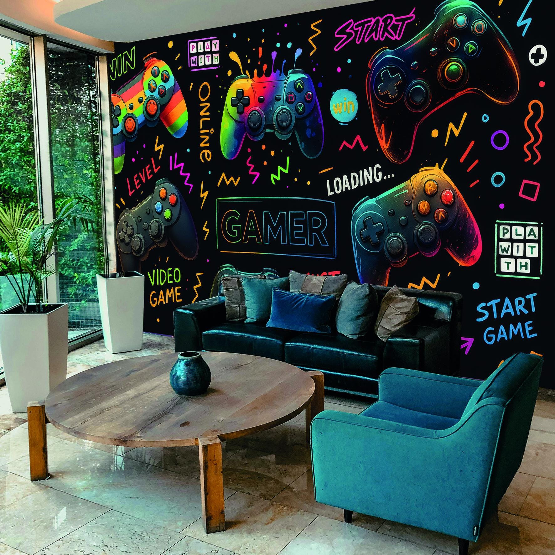 Gaming Wall Mural Neon Gamer Wallpaper Video Game Room Decor Removable ...