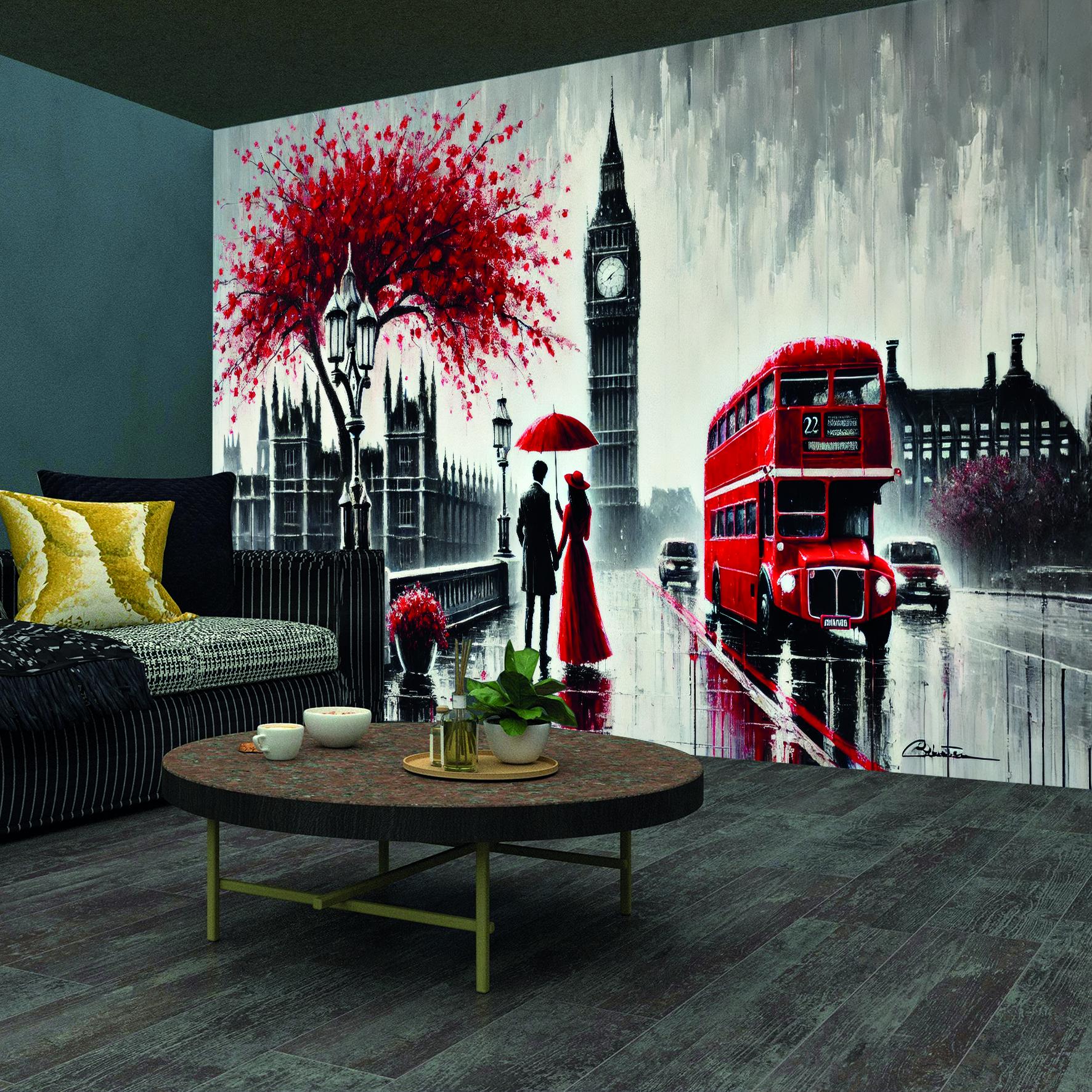 London Romance Wall Mural UK British Decor Living Room Accent Wall Art ...