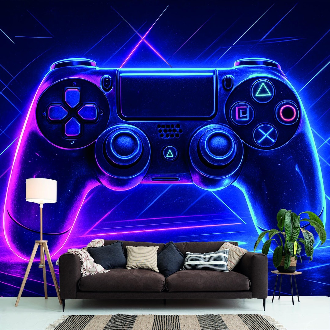 Neon Gaming Controller Wall Mural Blue Purple Gamer Room Decor Kids ...