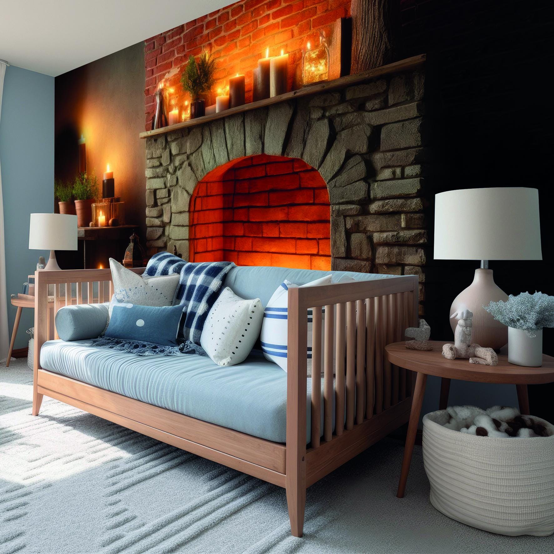 Cozy Stone Fireplace With Candles Wallpaper Rustic Living Room Mural ...
