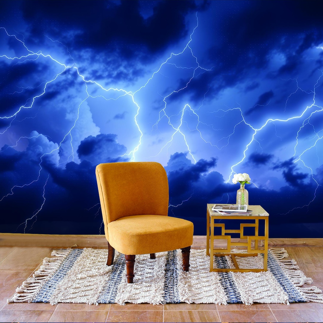 Lightning Storm Peel and Stick Wall Mural Dramatic Blue Sky Wallpaper ...