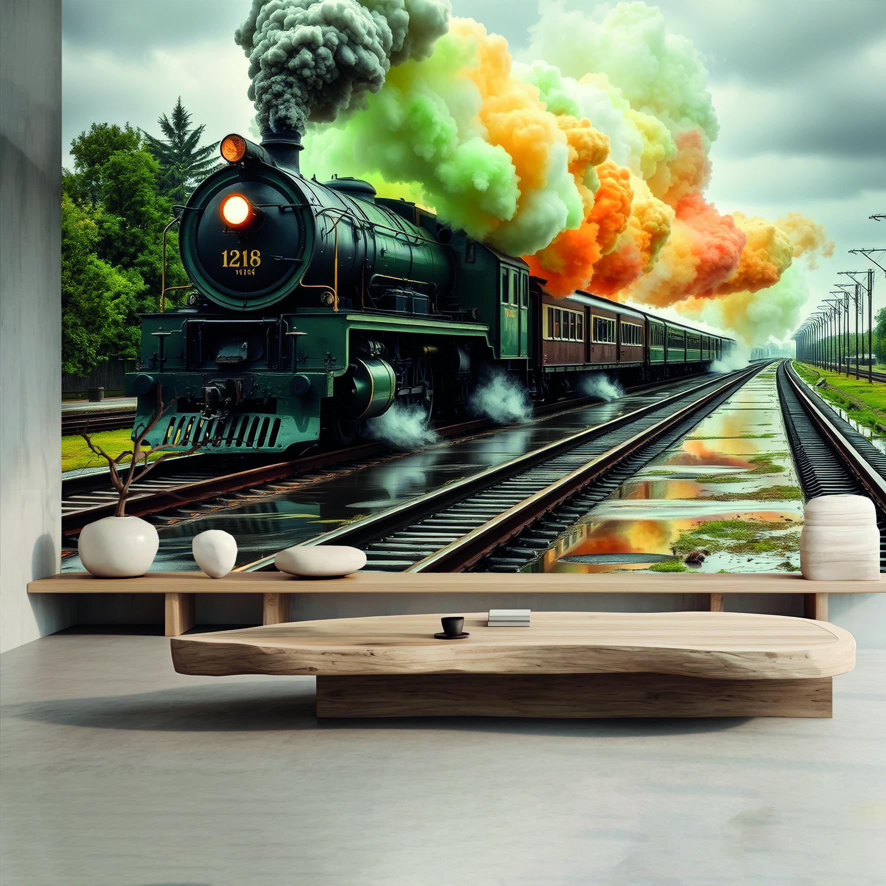 Vintage Steam Train Wallpaper Mural Colorful Locomotive Wall Art ...