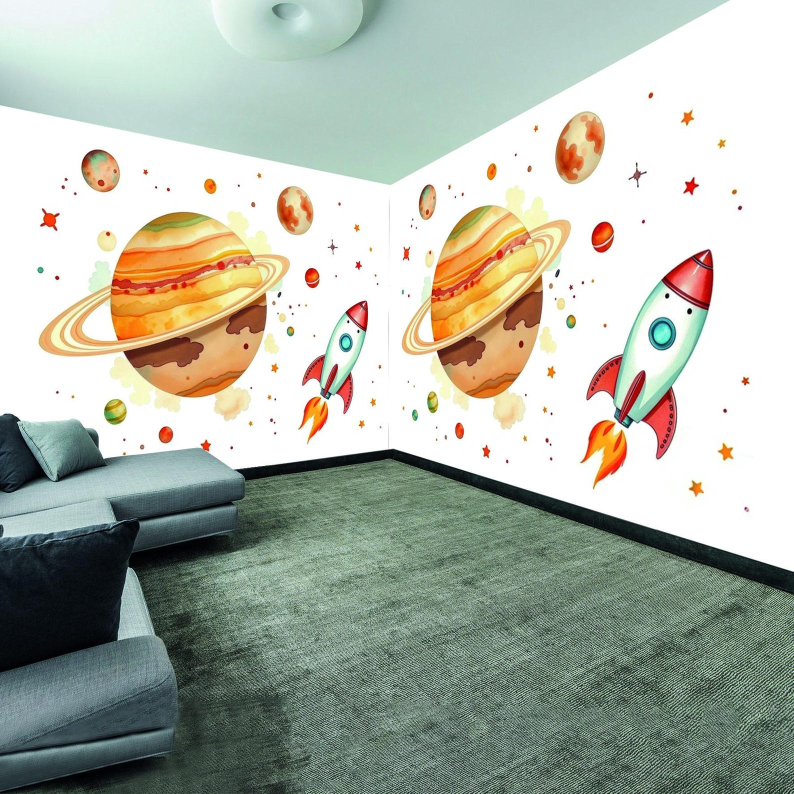 Solar System Wall Decals Planets and Rocket Wall Mural Space Theme ...