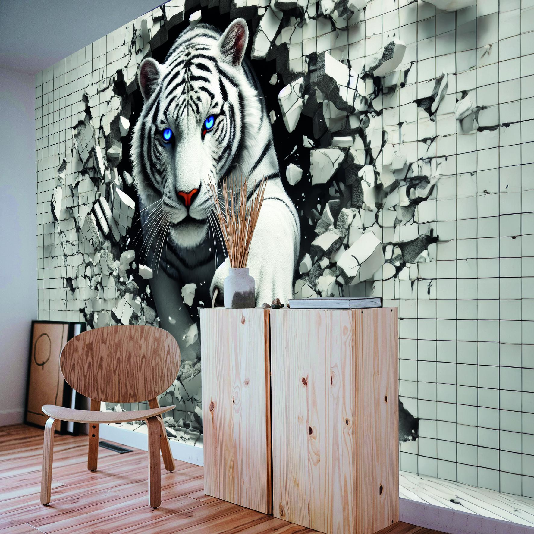 3D White Tiger Breakthrough Wall Mural Blue Eyes Tiger Wallpaper Modern ...