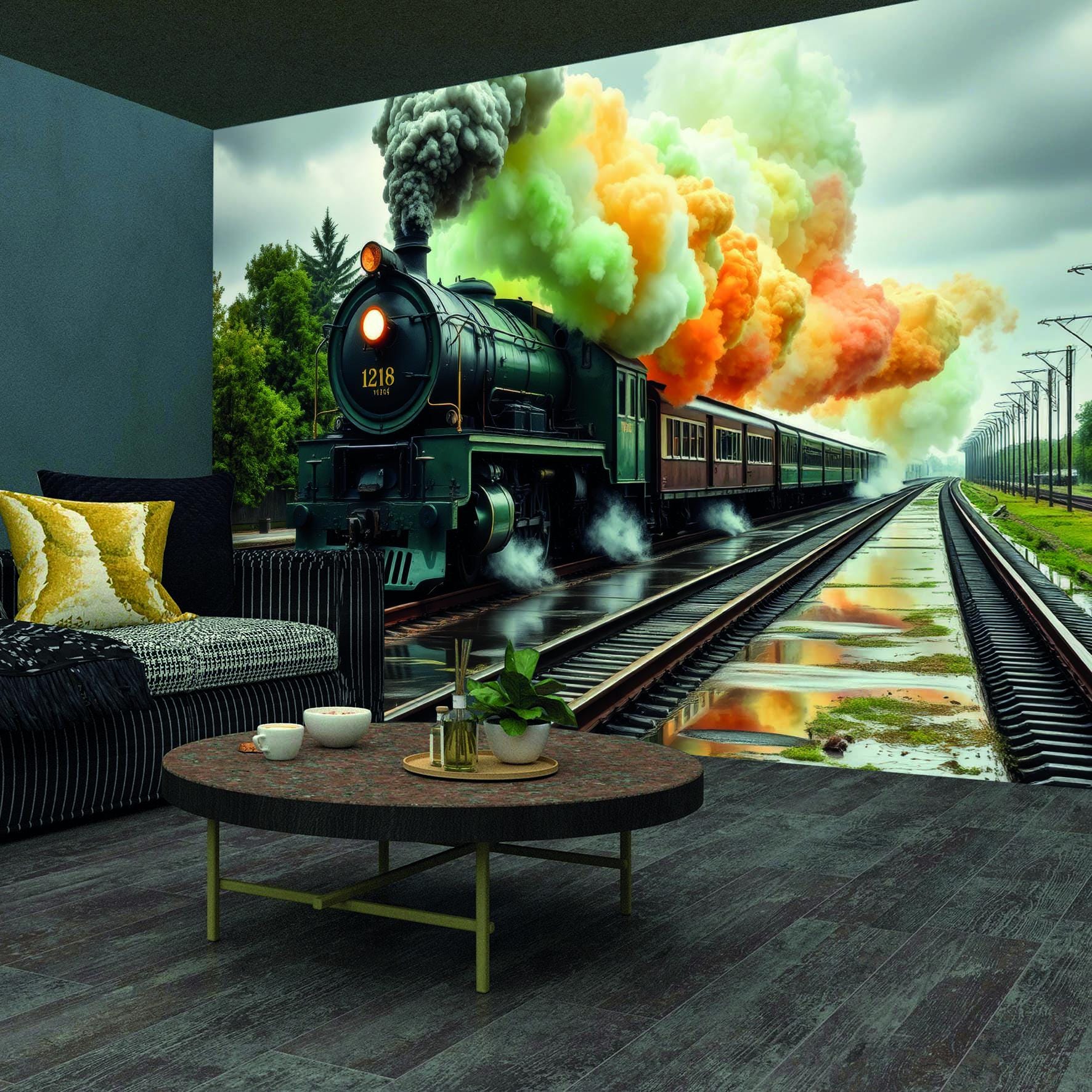 Vintage Steam Train Wallpaper Mural Colorful Locomotive Wall Art ...