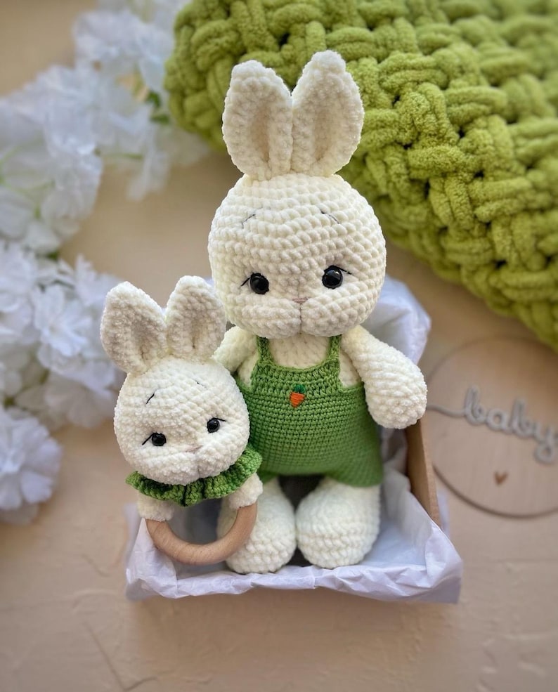Handmade Crochet Bunny Toy Set With Soft Plush Yarn and Wooden Ring ...